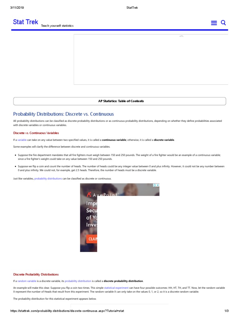 Stat Trek: Probability Distributions: Discrete vs. Continuous | PDF ...