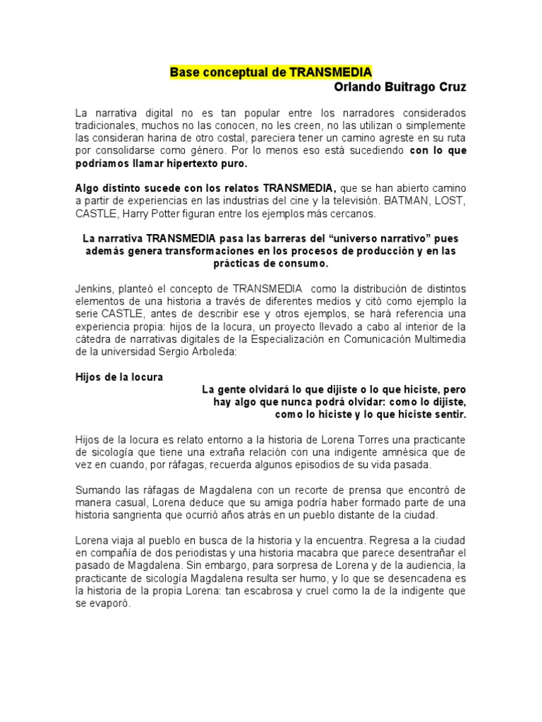 Conceptos Clave de Narrativa Transmedia | PDF | Narrativa | Science