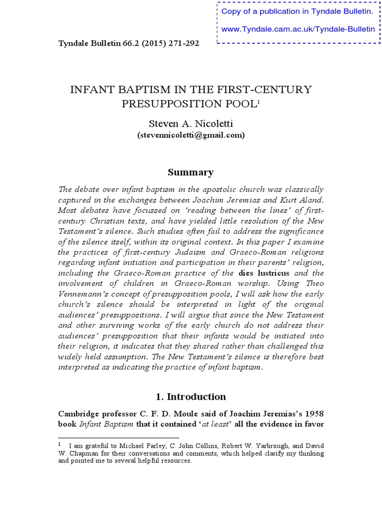 Infant Baptism in the First-Century Presupposition Pool: An Examination ...