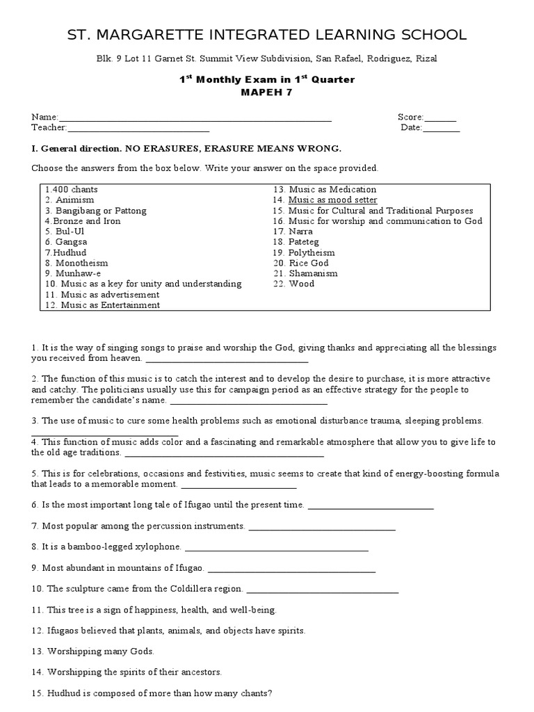 MAPEH Grade 7 1 QUARTERLY | PDF | Philippines | Entertainment (General)