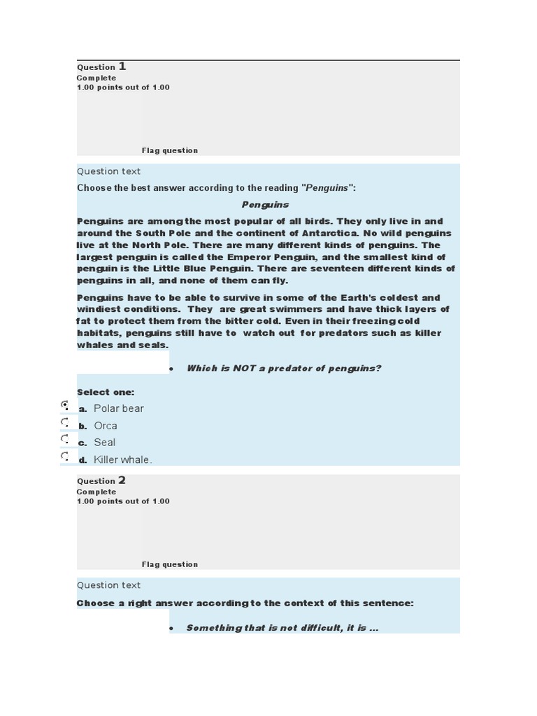 Choose The Best Answer According To The Reading "Penguins" | PDF ...