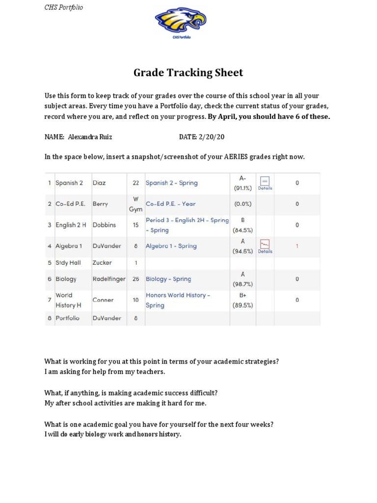 Grade Tracking Sheet 5 | PDF