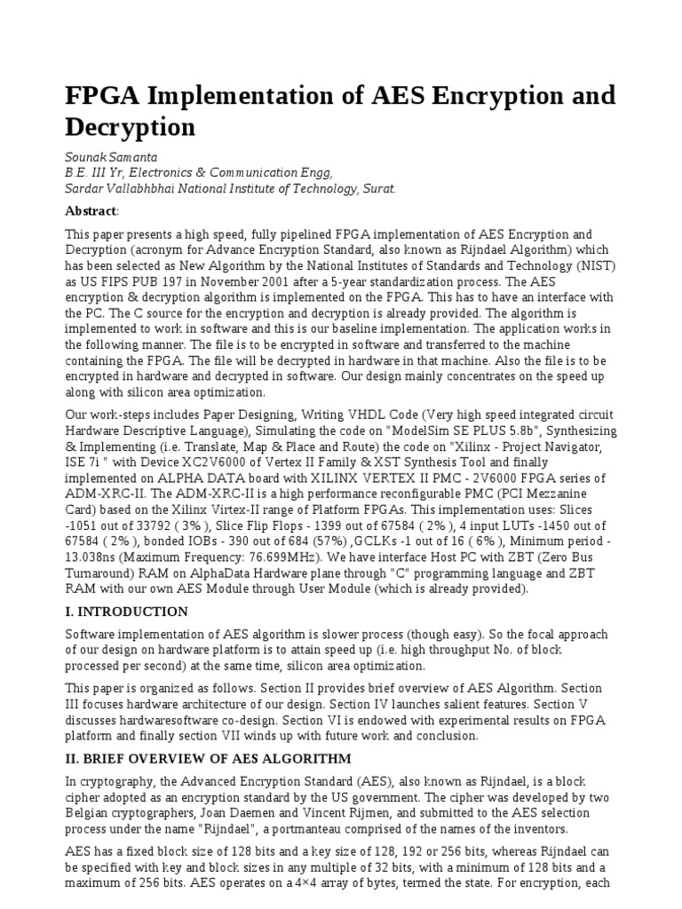 Fpga Implementation Of Aes Encryption And Decryption Pdf Field Programmable Gate Array Key