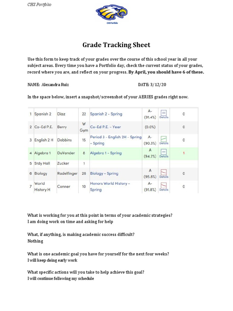 Grade Tracking Sheet 6 | PDF