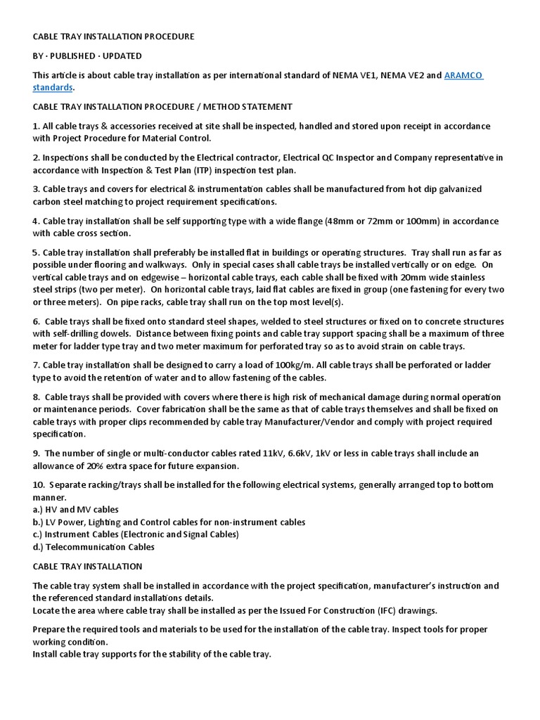 Cable Tray Installation Procedure | PDF | Electrical Wiring | Manufactured Goods