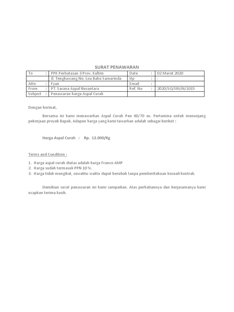 Penawaran Harga Aspal Curah 2020 | PDF