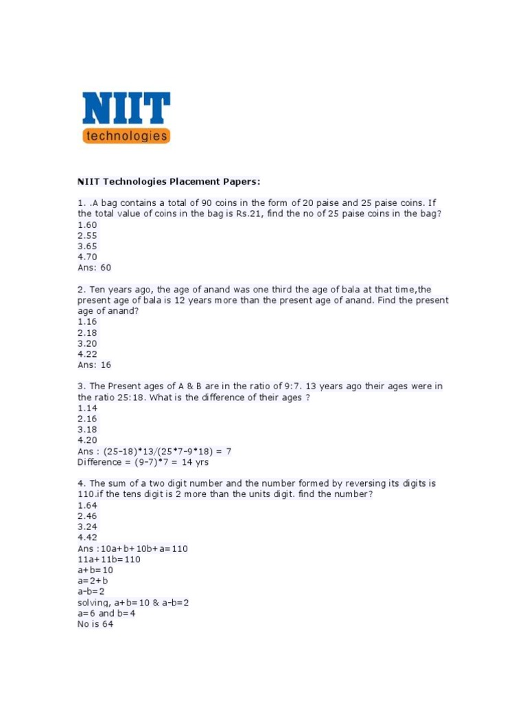 NIIT Technologies Placement Paper | PDF | Teaching Mathematics | Business