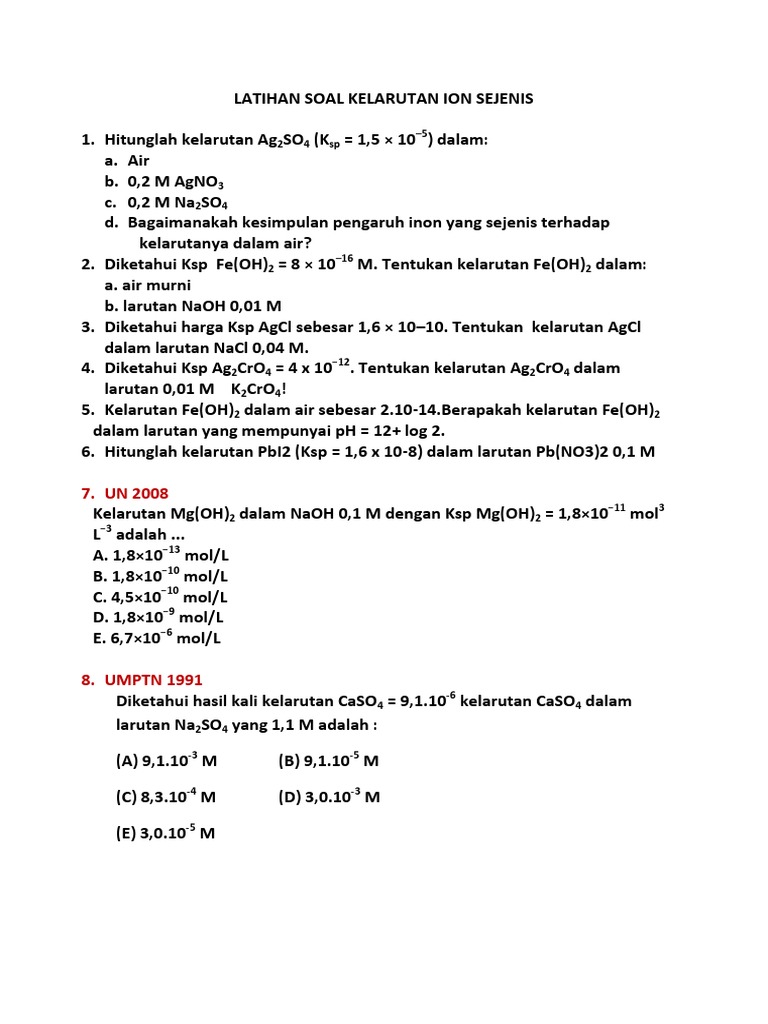 Latihan Soal Kelarutan Ion Sejenis | PDF
