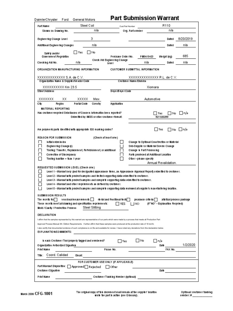 Part Submission Warrant: Organization Manufacturing Information ...