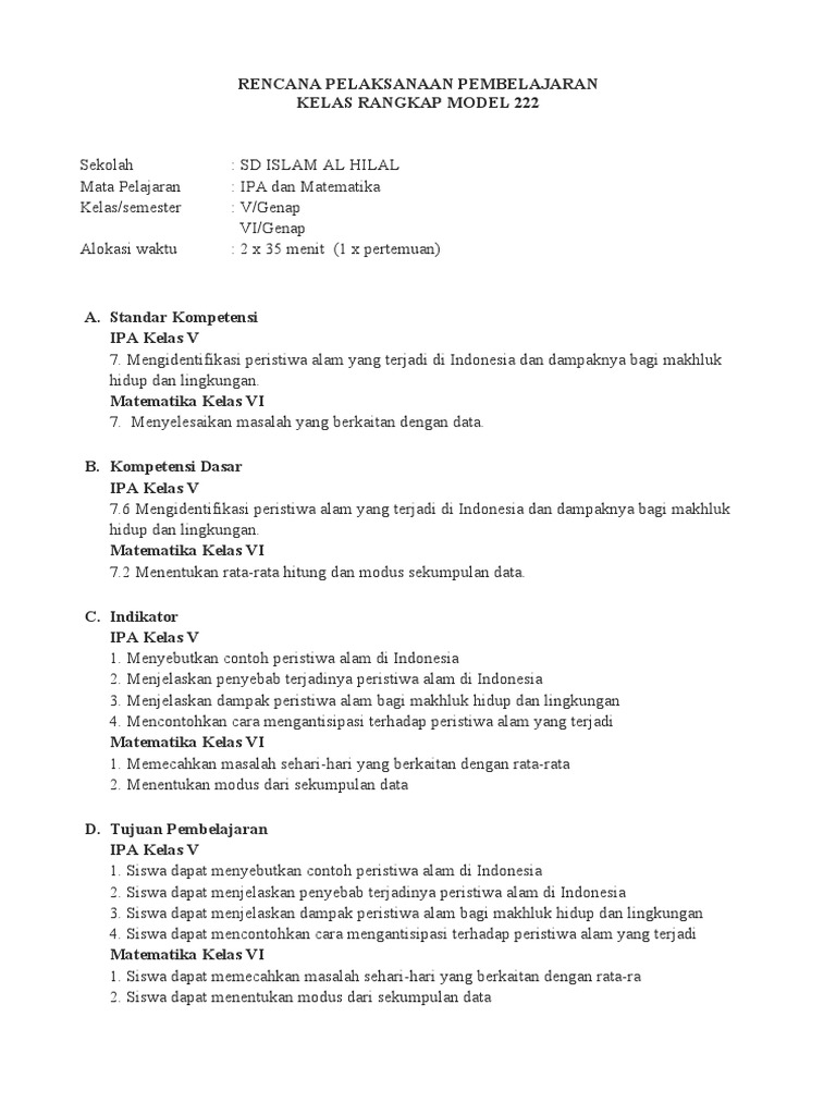 RPP Pembelajaran Kelas Rangkap Model 222 | PDF