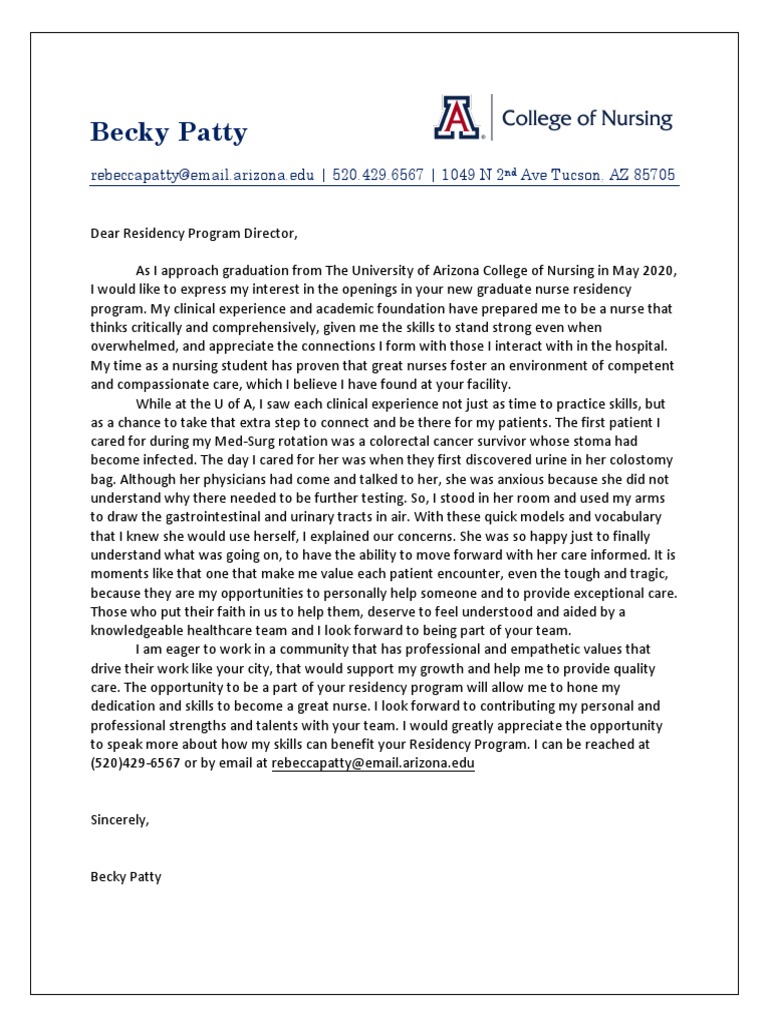 Becky Patty Cover Letter | PDF | Residency (Medicine) | Nursing