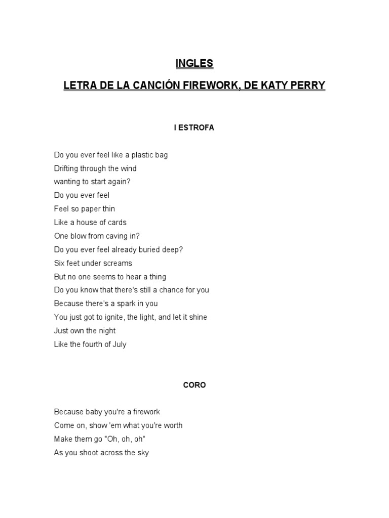 Ingles Letra de La Canción Firework, de Katy Perry: I Estrofa | PDF