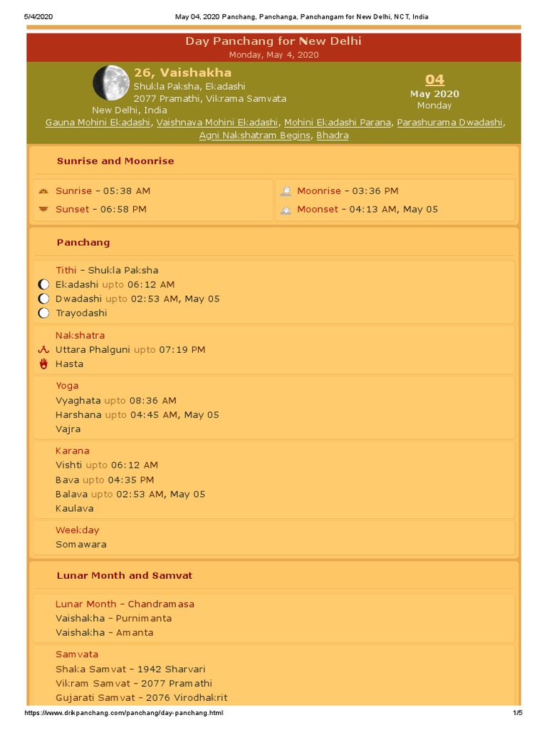 May 4, 2020 Panchang for New Delhi | PDF | Hindu Mythology | Moon