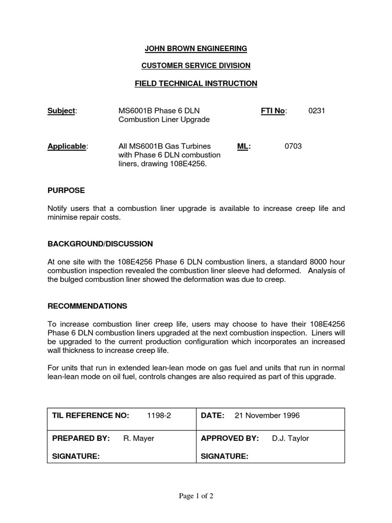Field Technical Instruction: John Brown Engineering Customer Service ...