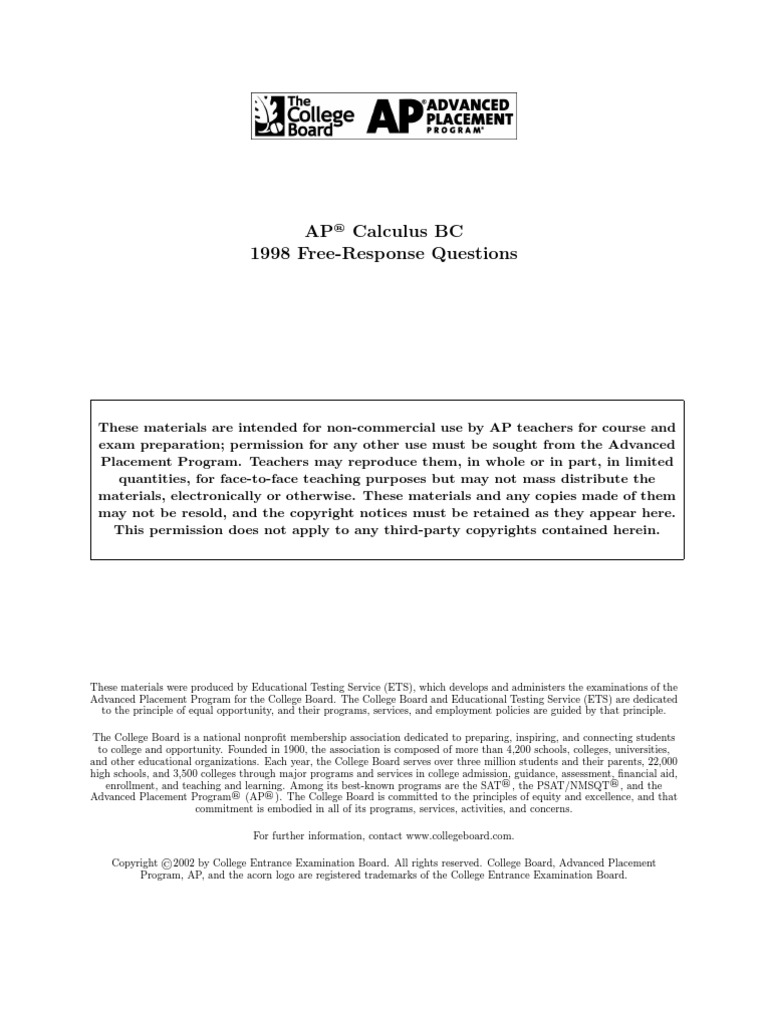 AP Calculus BC 1998 Free-Response Questions | PDF | Advanced Placement ...