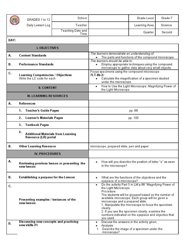 Grade 7 Microscope Lesson Plan | PDF | Pedagogy | Behavior Modification