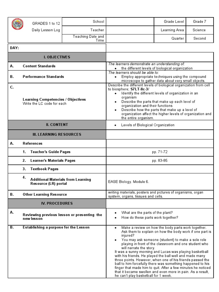 DLL G7 Lesson 3 Levels of Organization | PDF | Organ (Anatomy) | Tissue ...