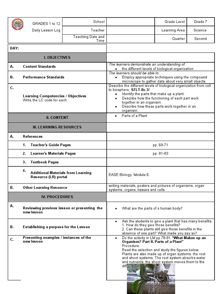 DLL G7 Lesson 2 Levels of Organization | PDF | Organ (Anatomy) | Flowers