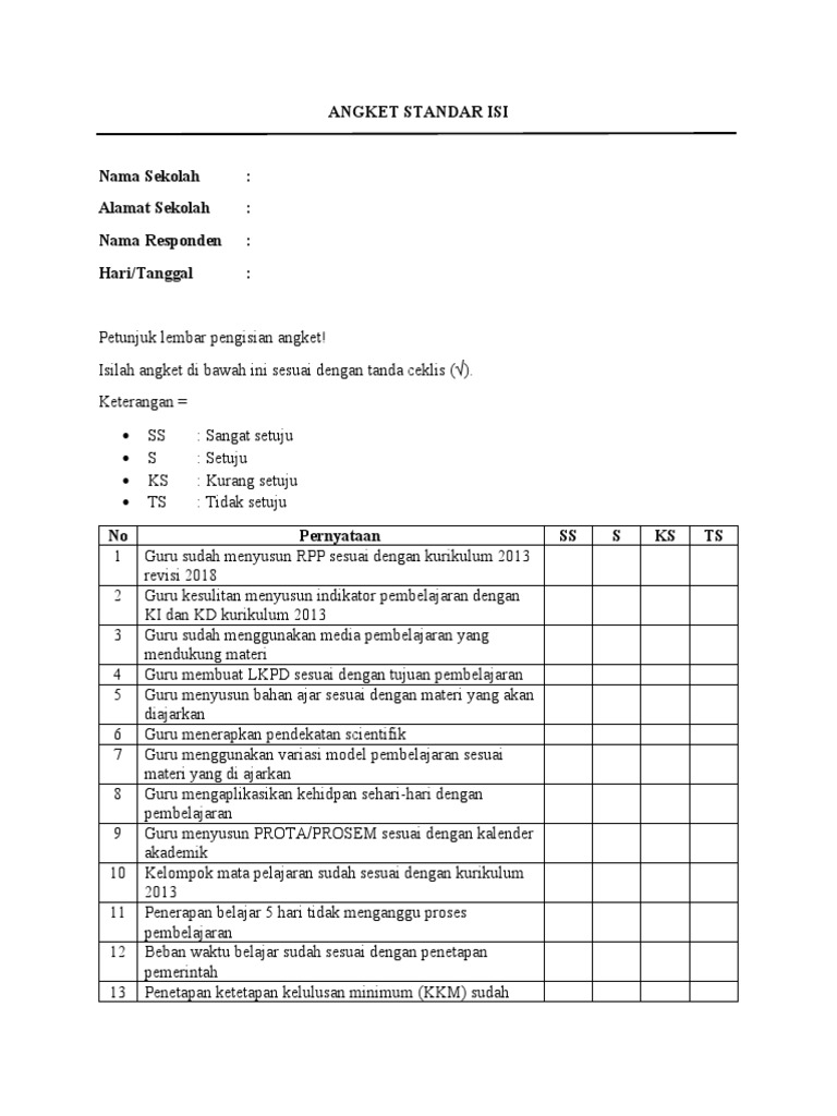 Angket Standar Isi | PDF