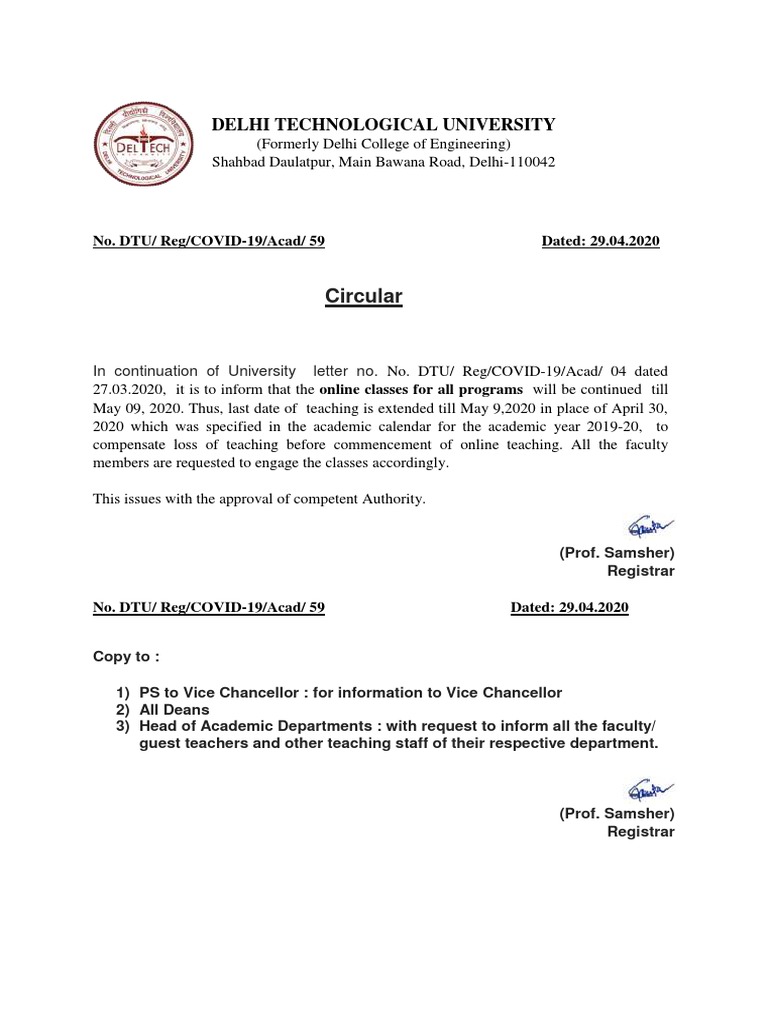 DTU Extends Online Classes Till May 9 Due to COVID-19 | PDF