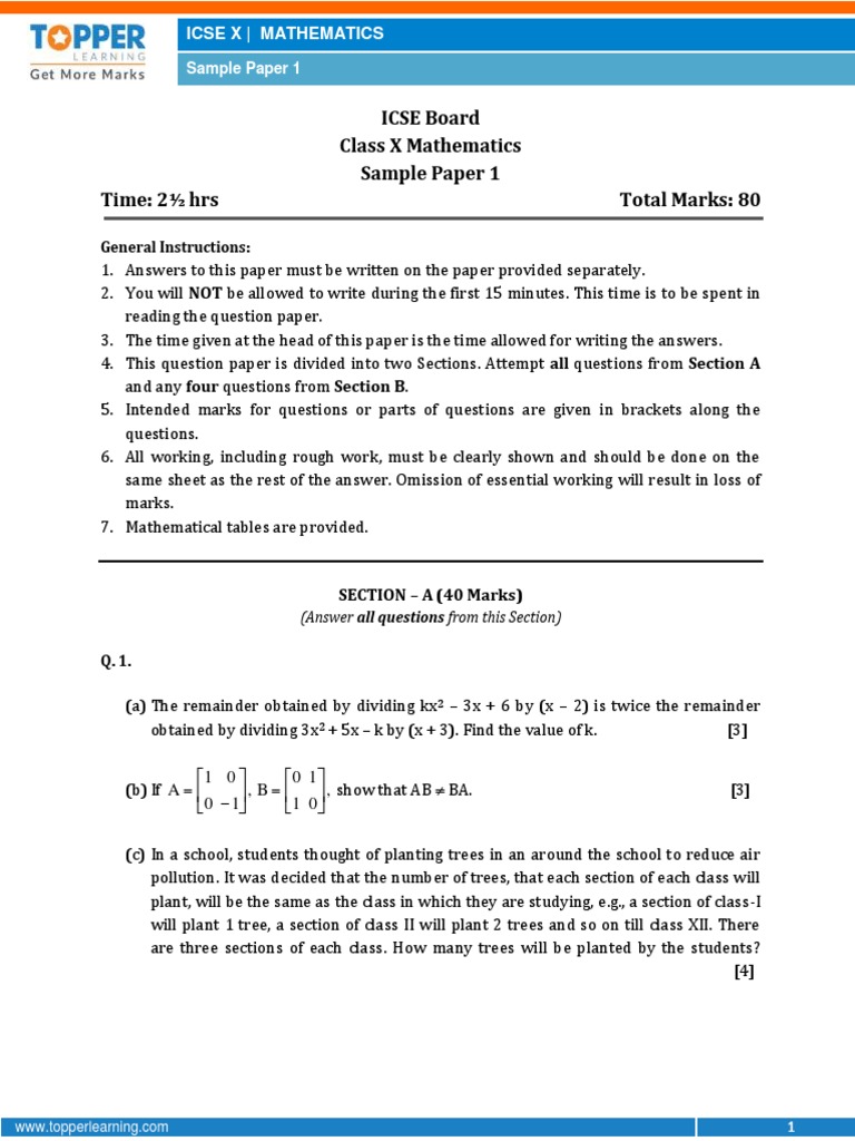 ICSE Board Class X Mathematics Sample Paper 1 Time: 2 Hrs Total Marks ...