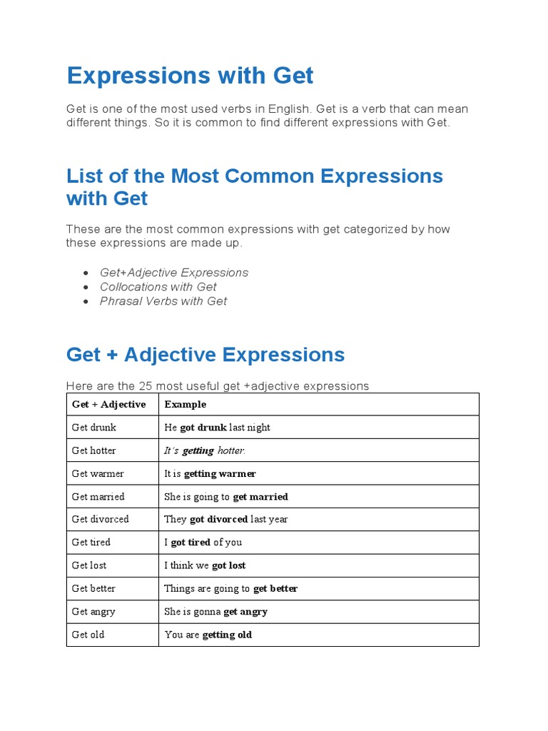 List of The Most Common Expressions With Get | PDF | Syntactic ...