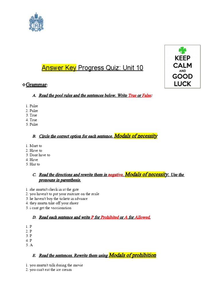 Unit 10 Progress Quiz Answer Key | PDF