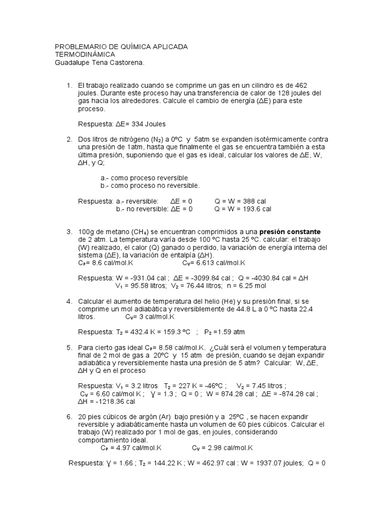 Termodinámica y sus aplicaciones: resolución de problemas sobre procesos termodinámicos de gases ...