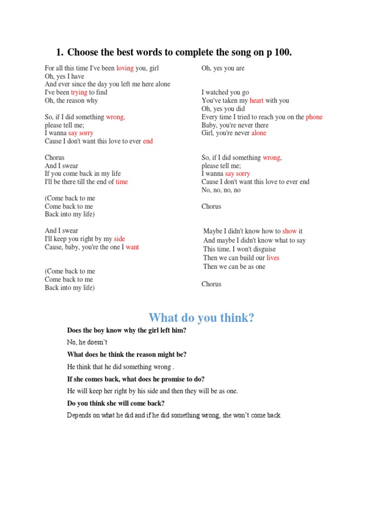 Choose The Best Words To Complete The Song On P 100.: What Do You Think ...