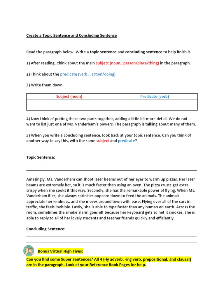 Topic Concluding Sentence Activity | PDF