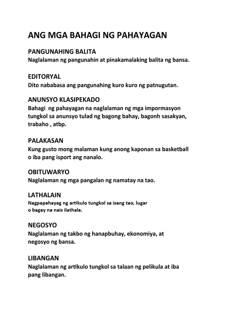 Ang Mga Bahagi NG Pahayagan | PDF