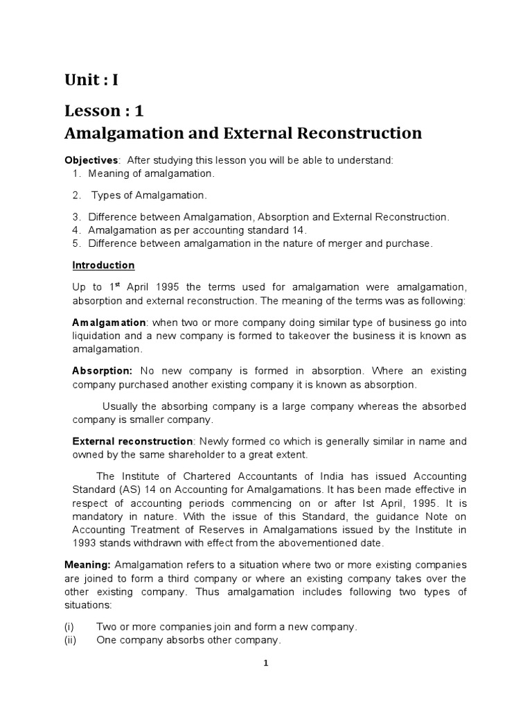 Unit: I Lesson: 1 Amalgamation and External Reconstruction | PDF ...