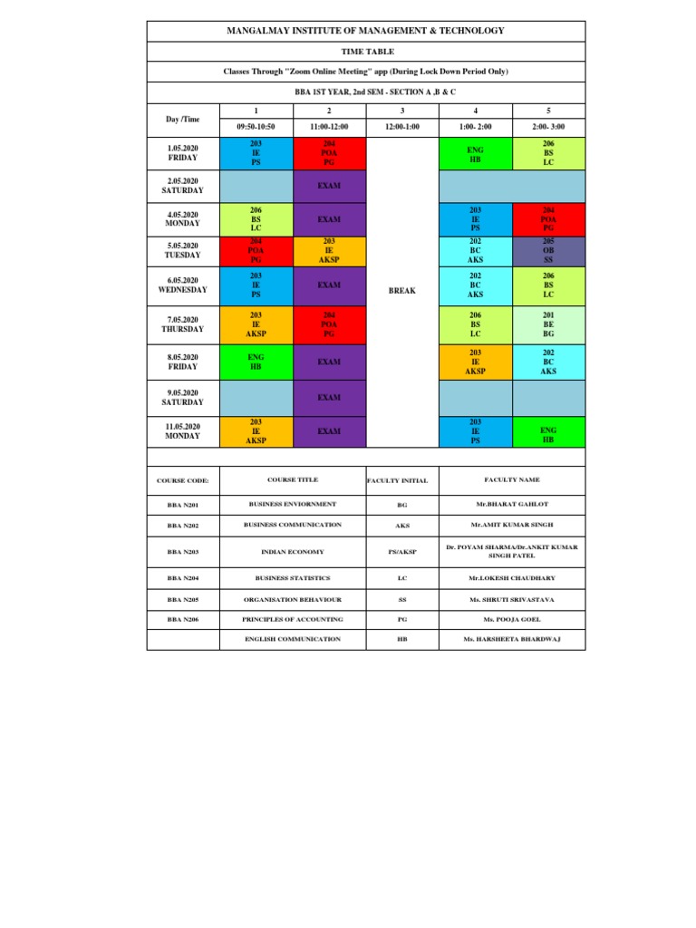 Bba Online Classes Time Table | PDF