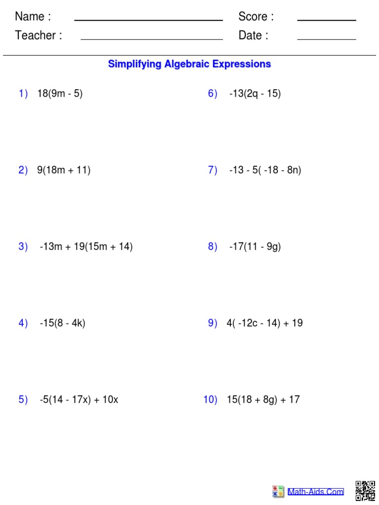 Name: Teacher: Date: Score:: Simplifying Algebraic Expressions | PDF