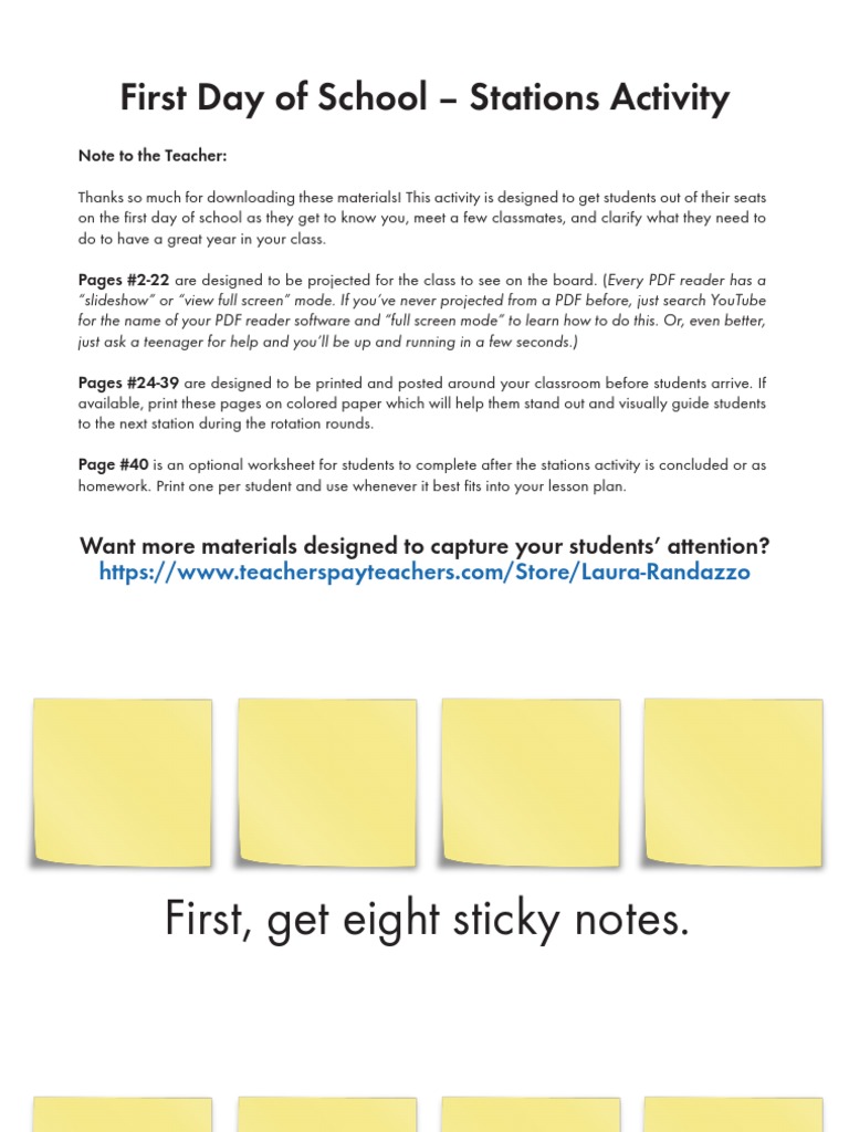 First Day of School - Stations Activity: Want More Materials Designed ...