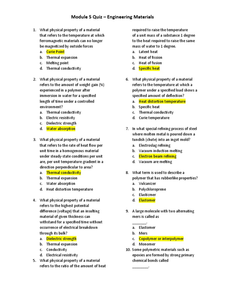 Module 5 Quiz Engineering Materials | PDF | Strength Of Materials ...