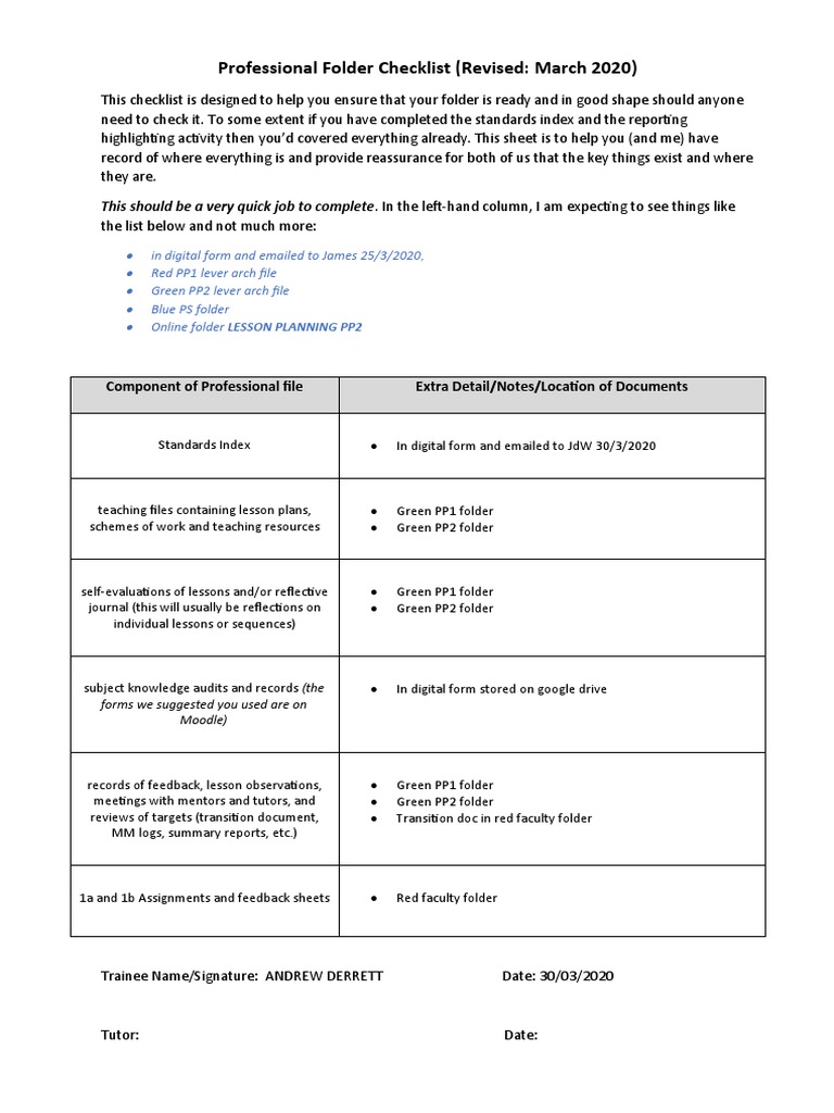 Professional Folder Checklist (Revised: March 2020) | PDF