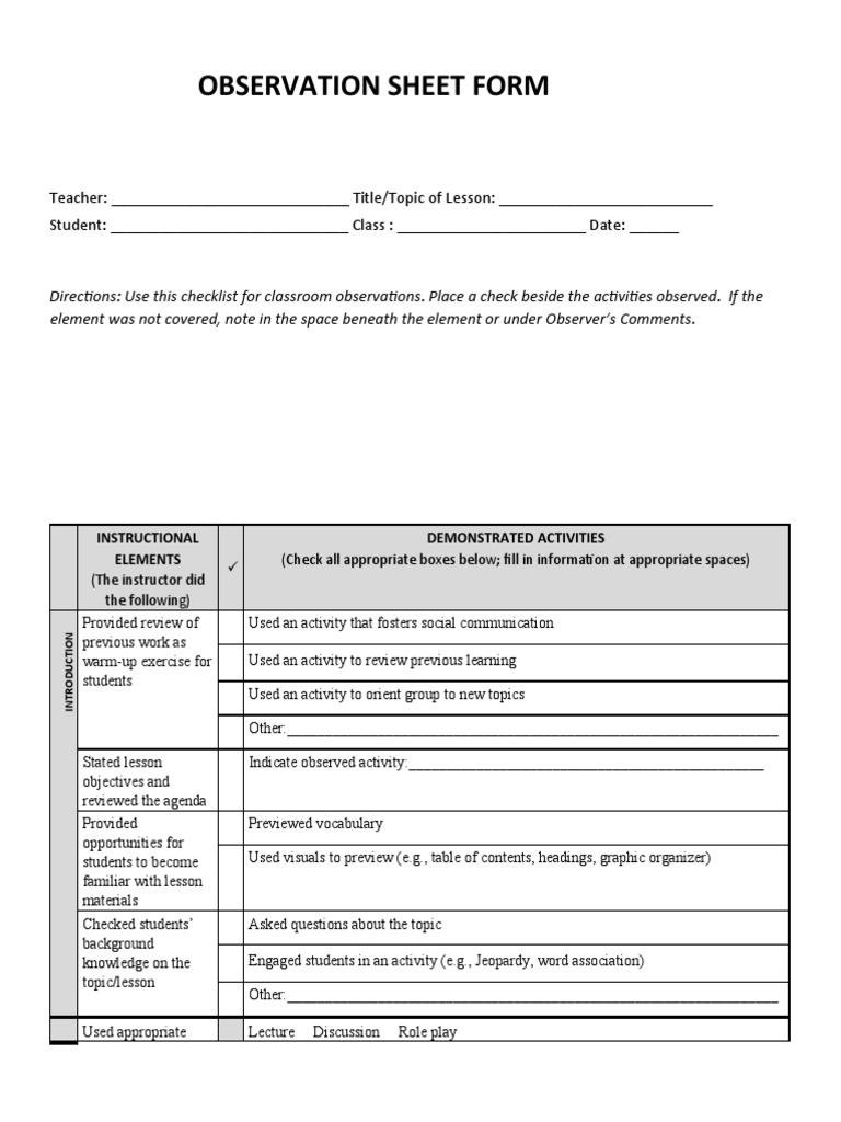 Observation Sheet | PDF | Question | Reading Comprehension