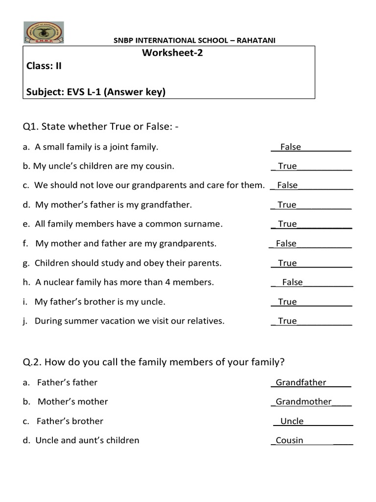 EVS Family Relationships Worksheet Answer Key | PDF