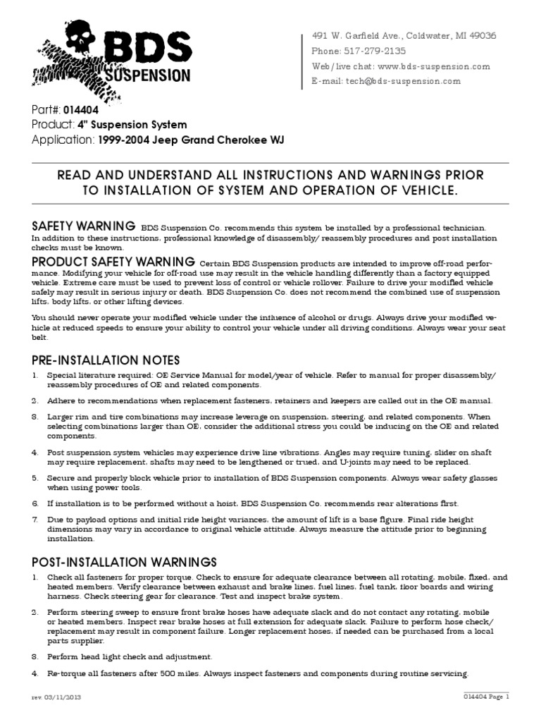 Read and Understand All Instructions and Warnings Prior To Installation ...