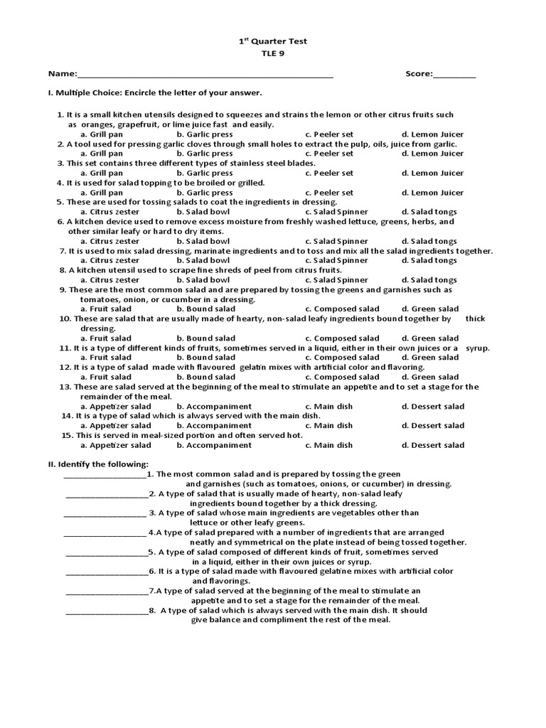 1st Quarter Test Grade 9 | PDF | Salad | Cuisine