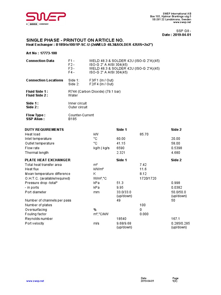Swep Heat Exchanger Data Sheet | PDF | License | Heat Exchanger
