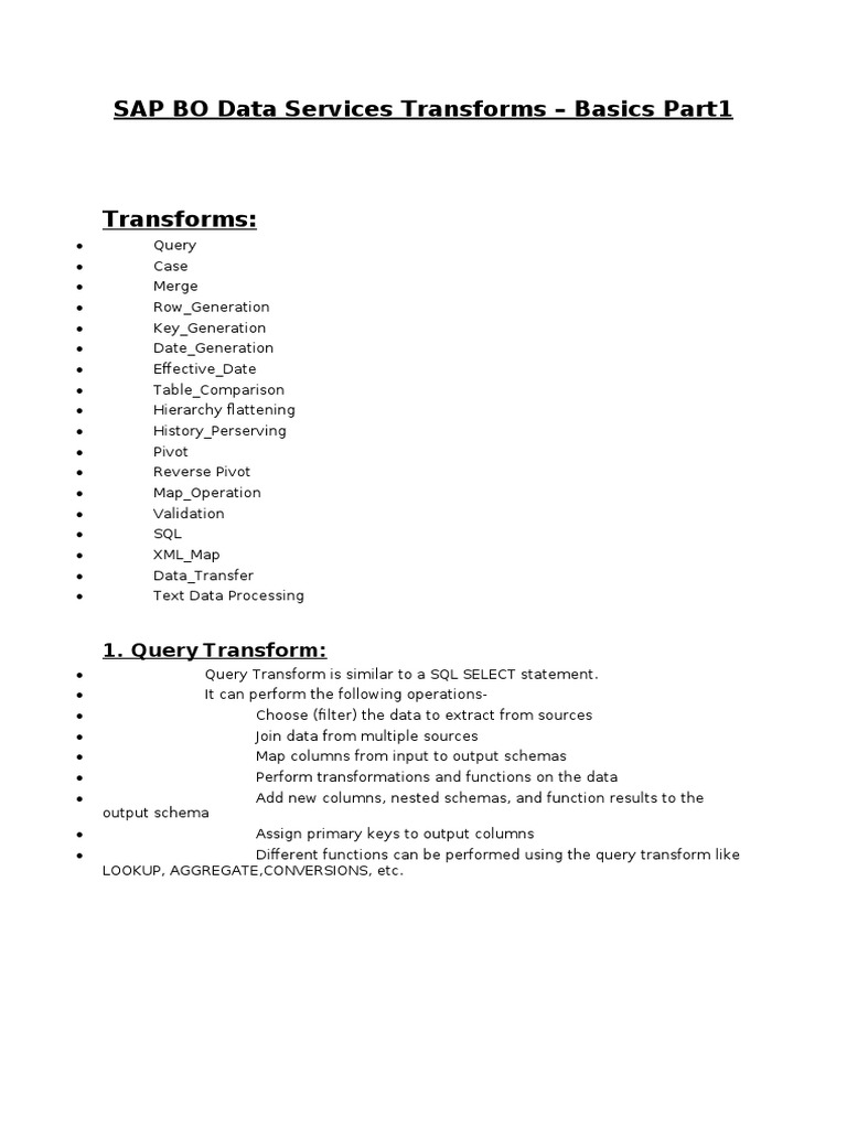 SAP BODS Transformations Overview | PDF | Databases | Table (Database)