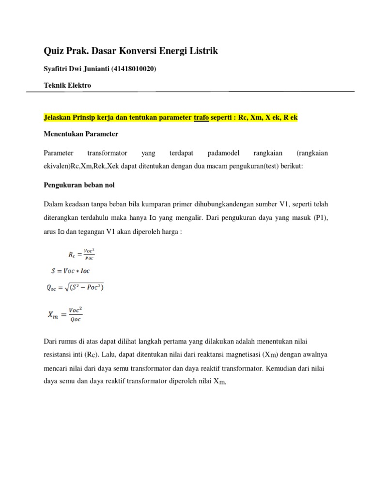 Prinsip Kerja Dan Tentukan Parameter Trafo RC, XM, Xek, Rek | PDF ...