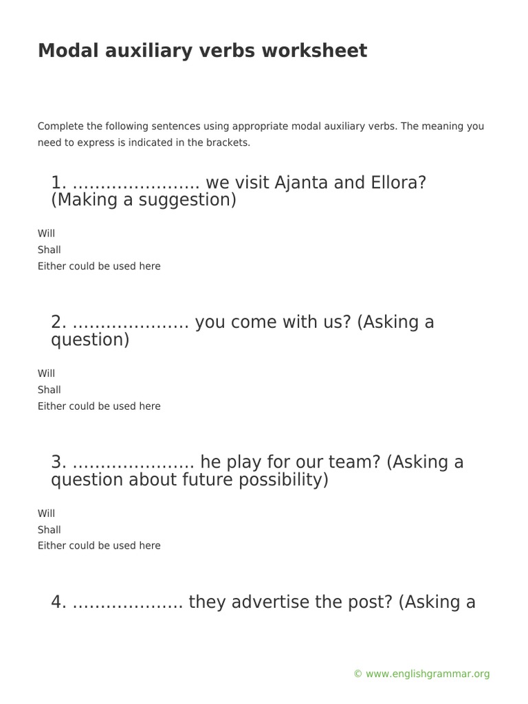 Modal Auxiliary Verbs Worksheet PDF | PDF