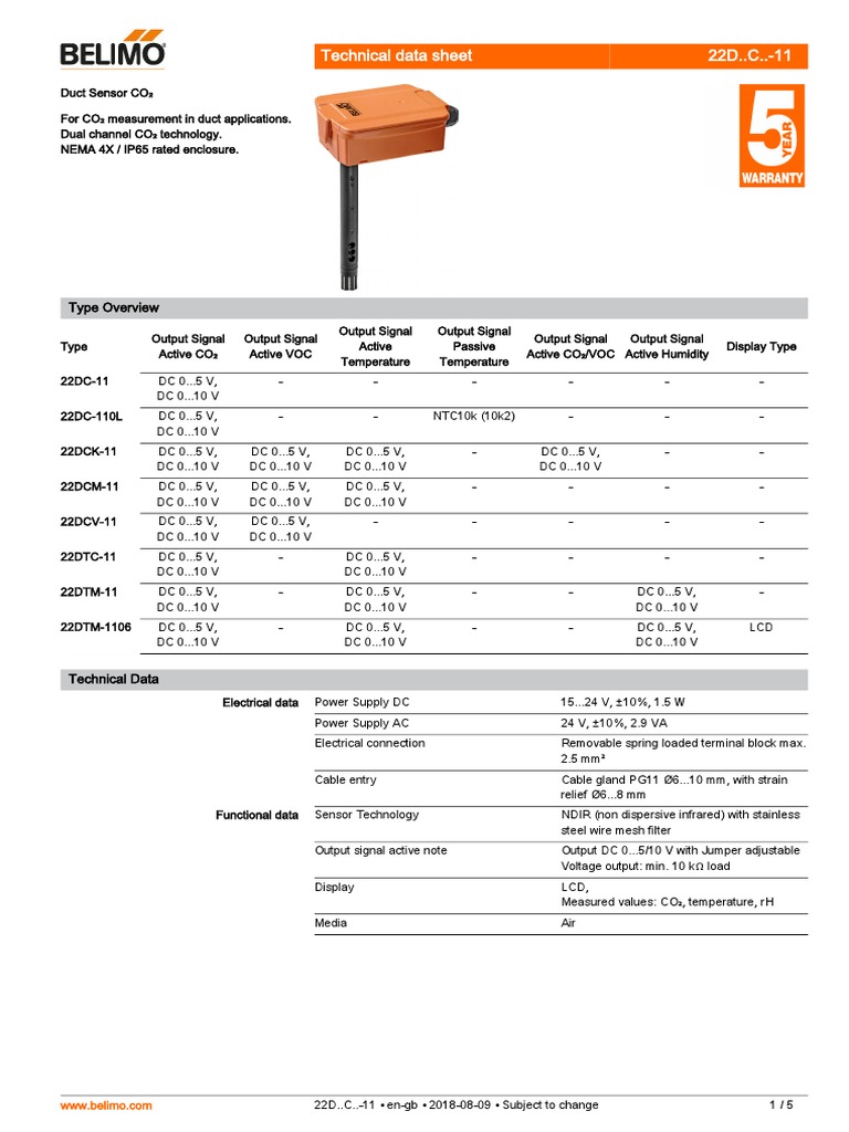 Technical Data Sheet for Duct Sensor CO2: Dual Channel CO2 Technology ...