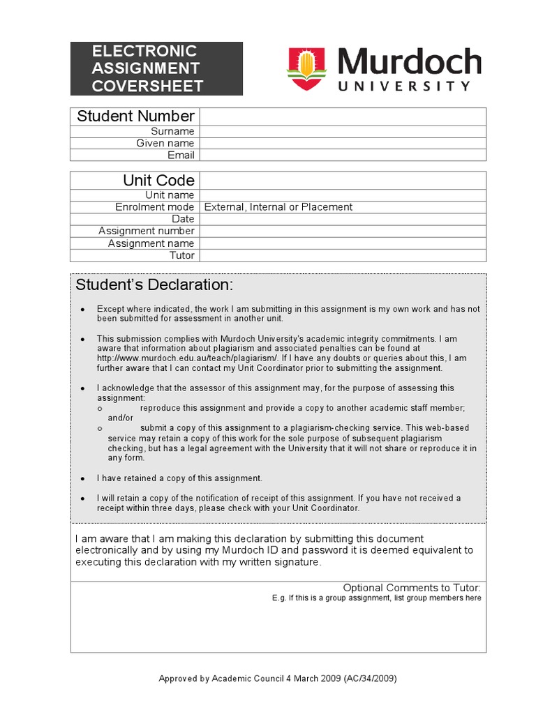 Murdoch Electronic Assignment Cover Sheet | PDF | Communication | Computing