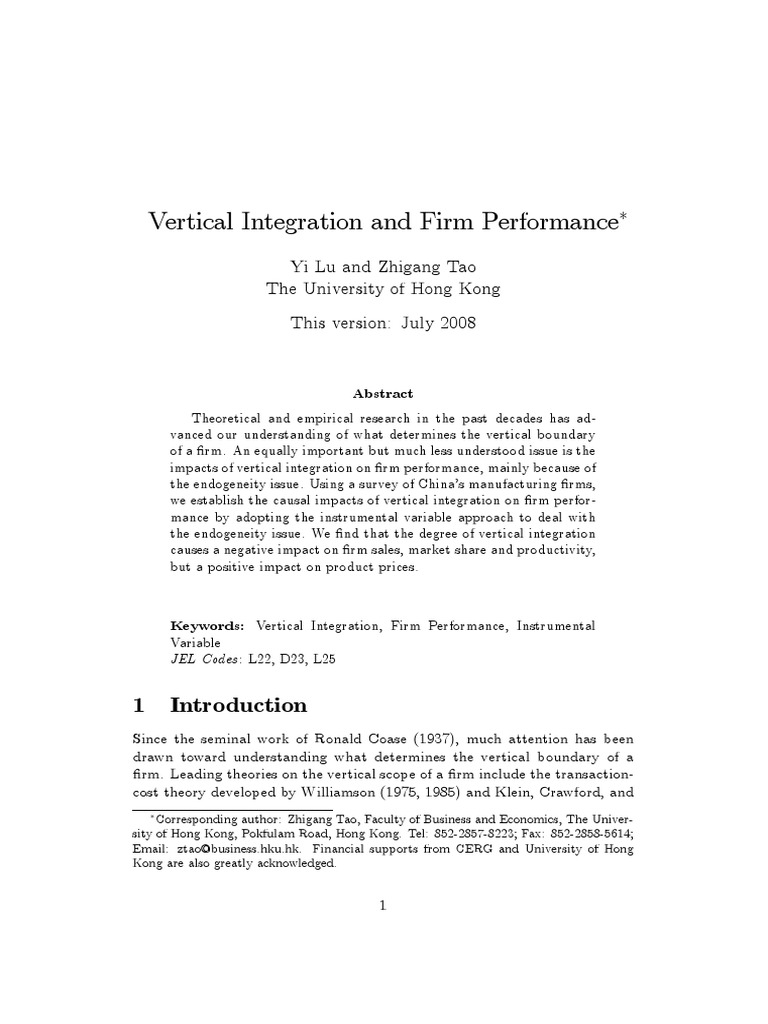 Vertical Integration and Firm Performanc PDF | PDF | P Value | Ordinary ...