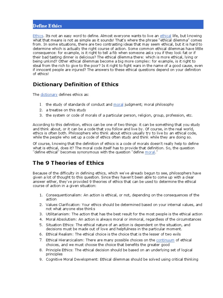 Define Ethics: Dictionary Definition of Ethics | PDF | Leadership ...