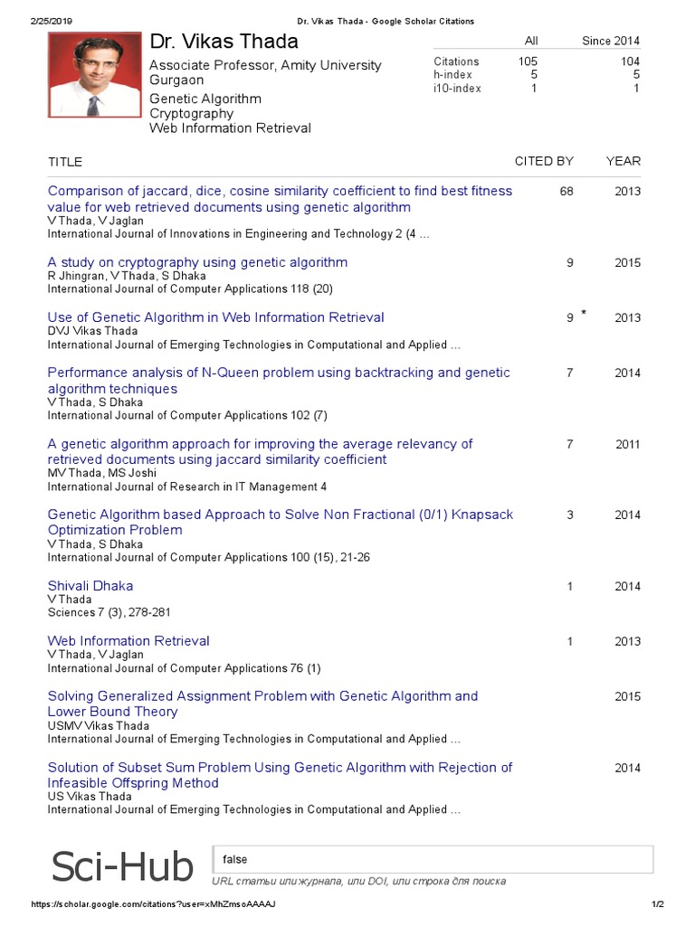 Dr. Vikas Thada - Google Scholar Citations PDF | PDF | Genetic Algorithm | Algorithms